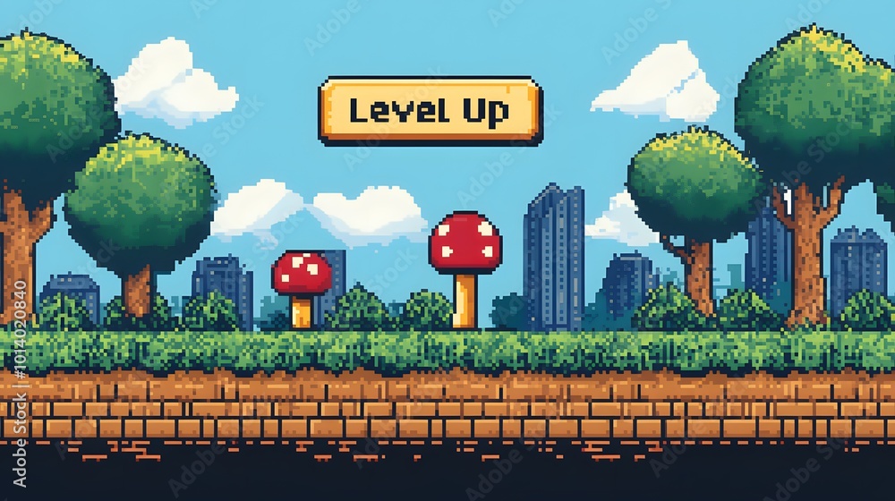 Pixel art game background with a "Level Up" button, embodying a retro ...