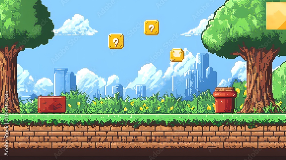 Pixel art game retro 8-bit video game interface background with classic ...