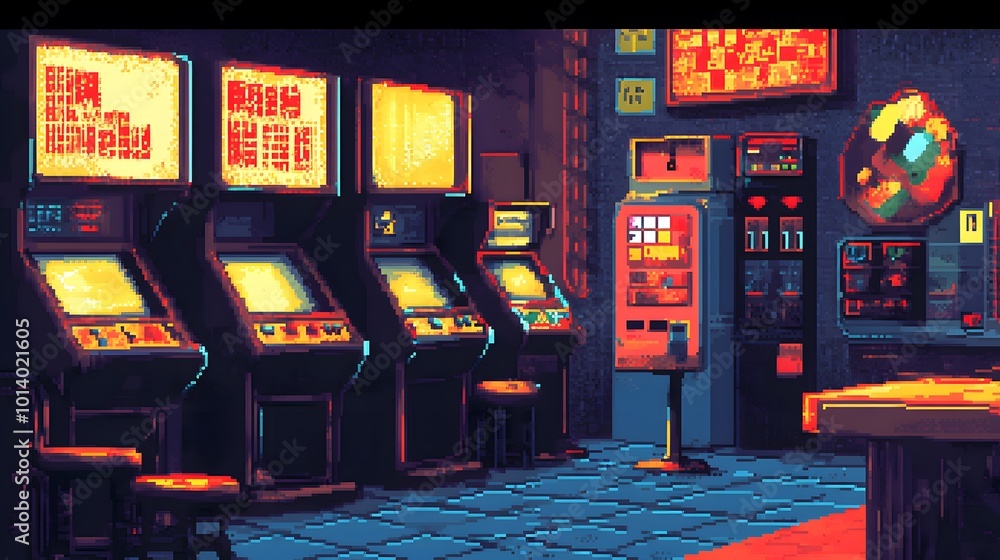 Pixel art game retro 8-bit video game interface background with classic 8-bit graphics ...