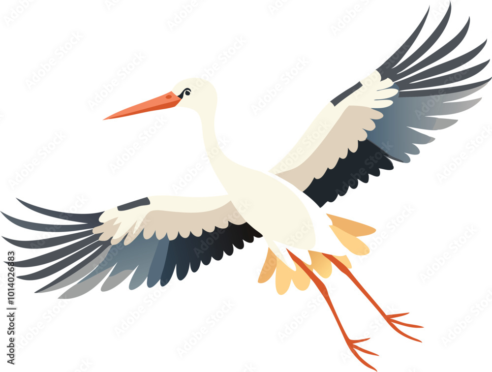 Cartoon stork flying with wings spread, illustrated in a simple and ...