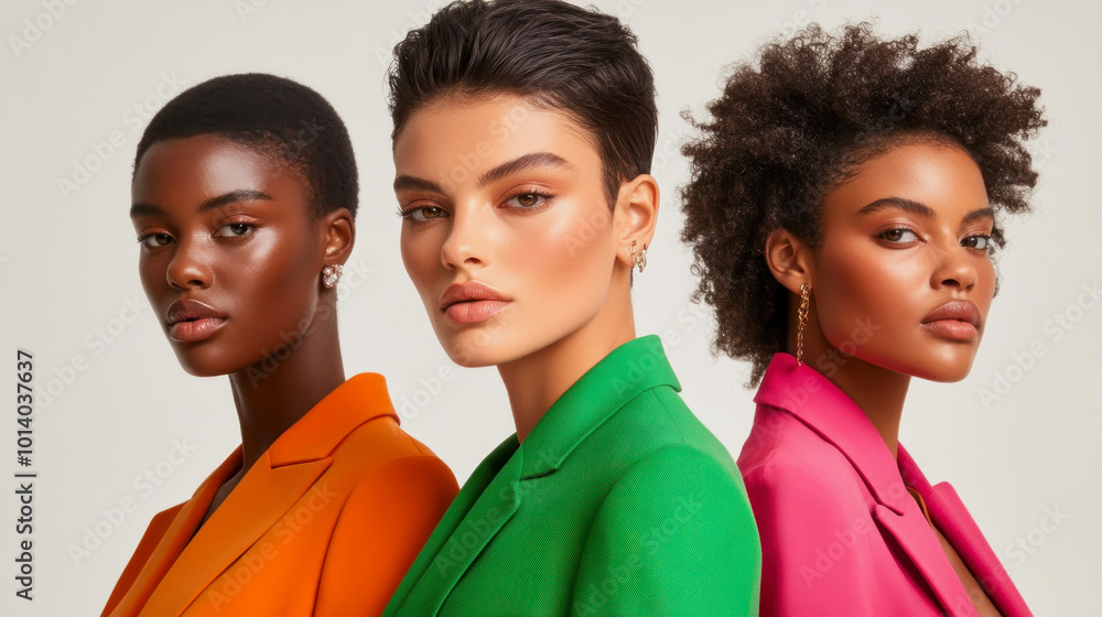 Three models with short hair showcase vibrant suits in a stylish pose ...