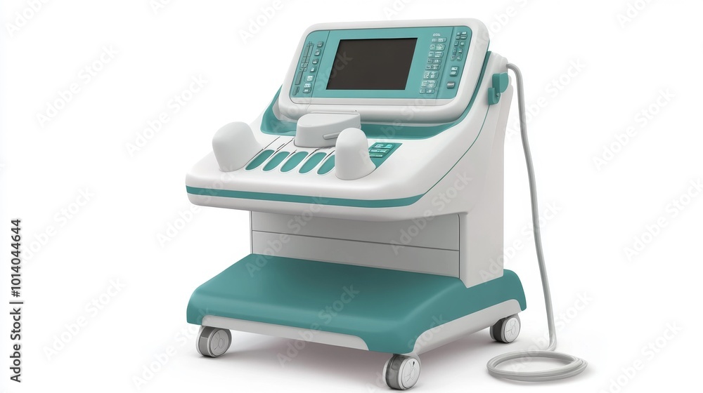 Advanced ultrasound machine with wheels on a white background featuring ...