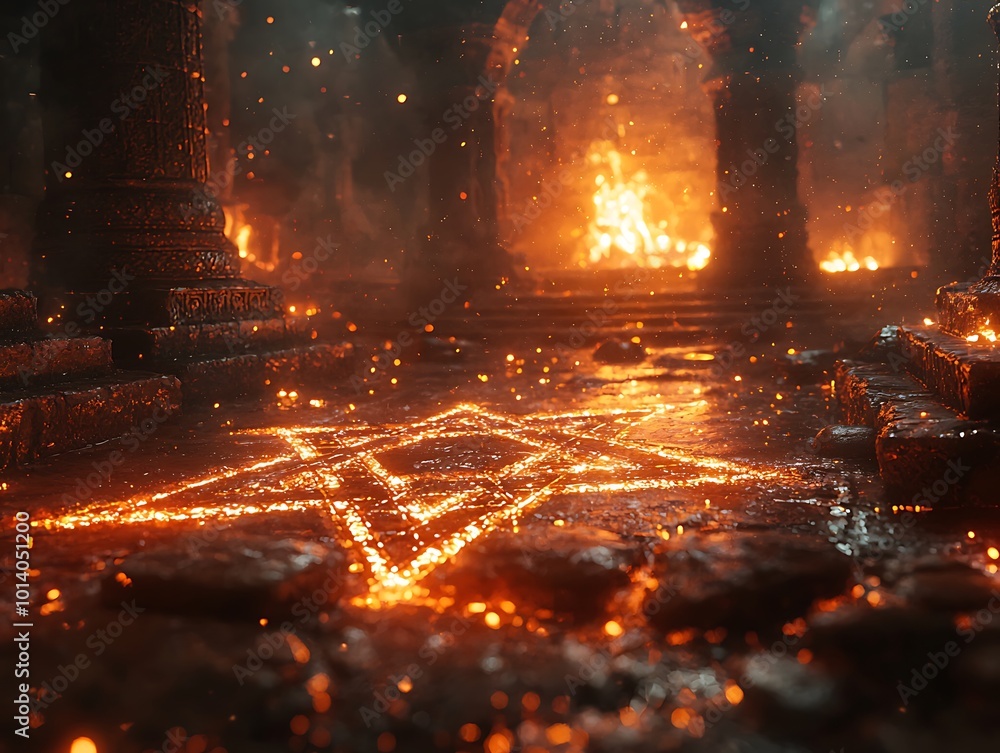 Hebrew letters glowing brightly a darkened temple with mystical light ...