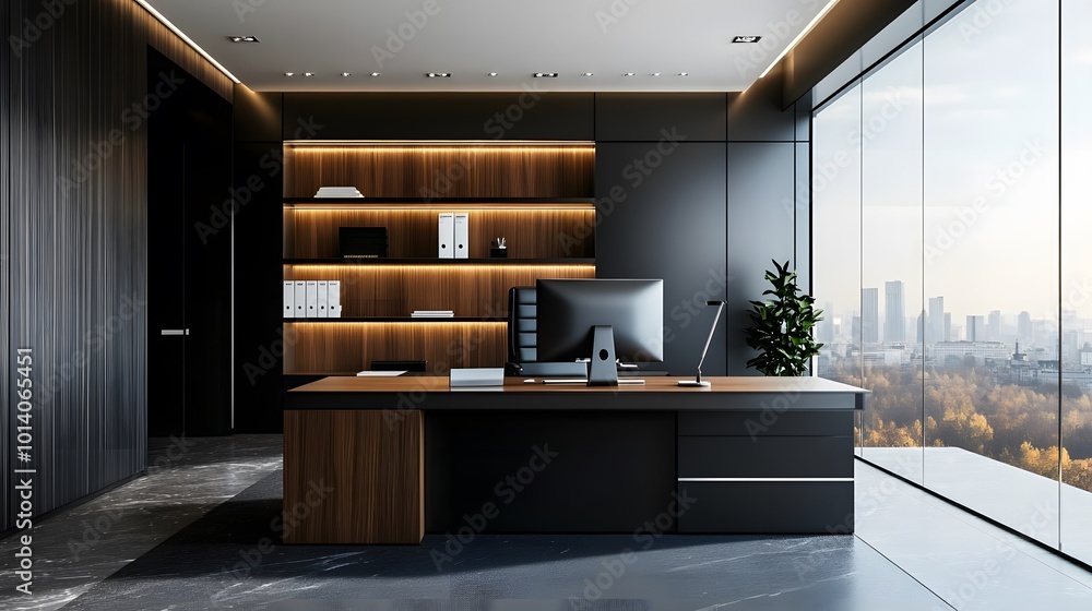 Stylish business interior with a CEO desk near a panoramic window ...