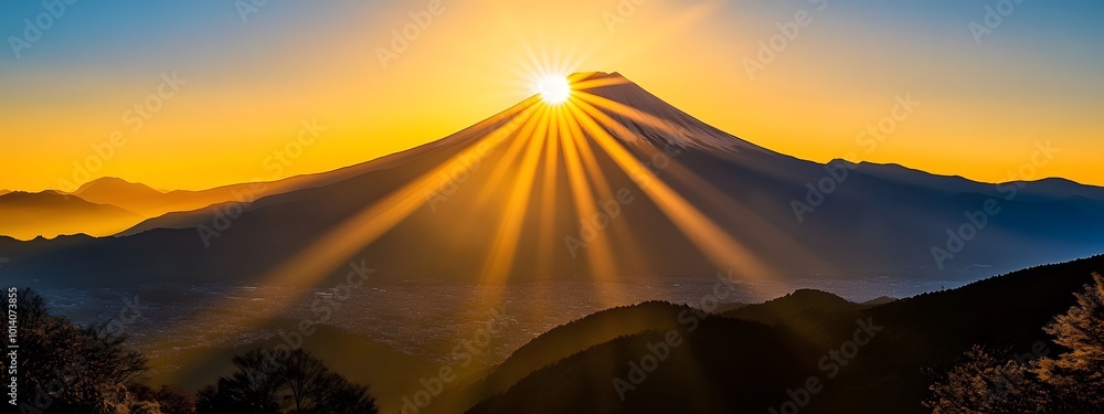 Sunrise over Mount Fuji, Japan with the sun rising behind one of its ...