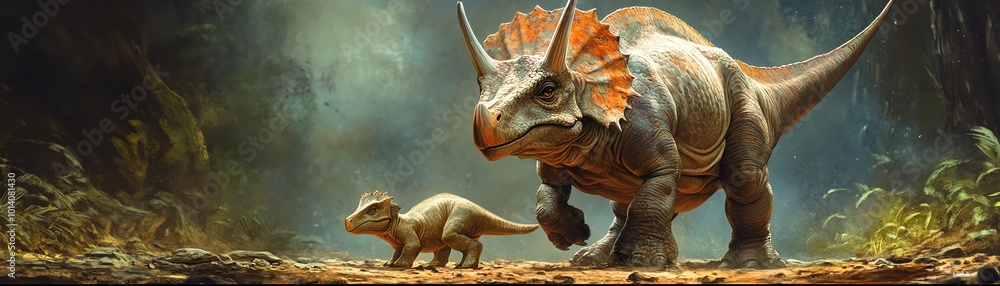 A majestic triceratops mother and her baby roam a prehistoric forest ...