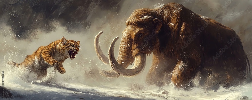 Illustration of a fierce battle between a saber-toothed tiger and a woolly mammoth in a snowy ...