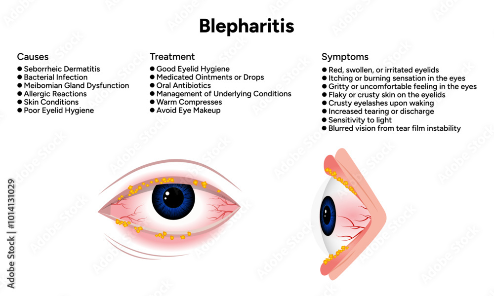 Blepharitis eye disease. Ophthalmology Inflamed sick human eye. Causes ...