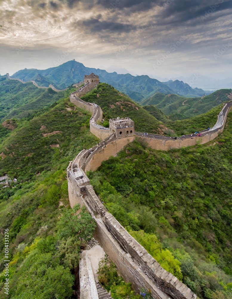 Aerial View of the Great Wall of China Winding Through the Lush Hills ...
