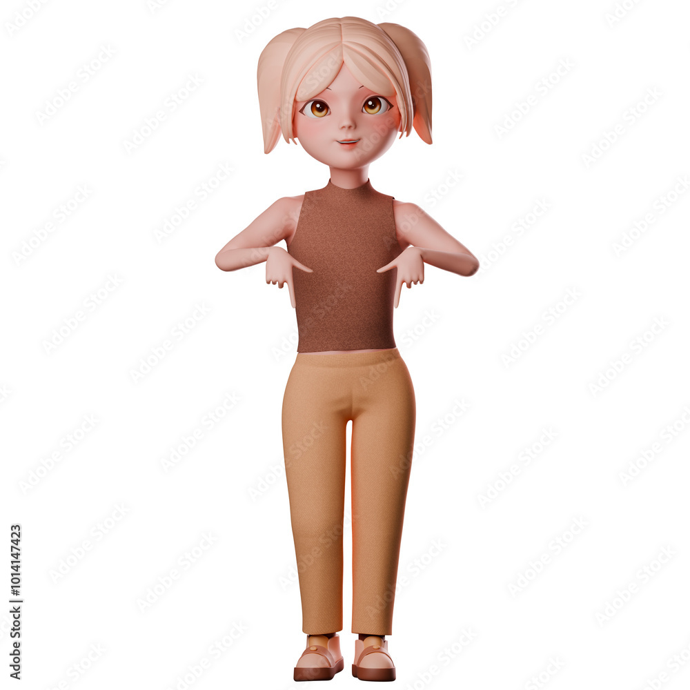 Chibi girl with pigtail hairstyles. pointing down with both hands, 3D ...
