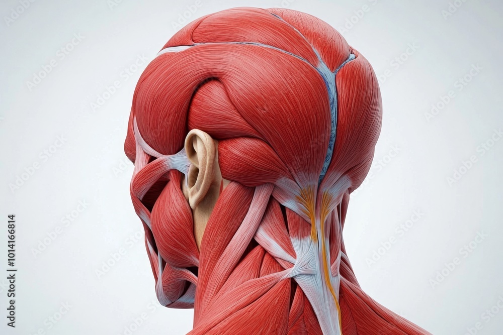 Realistic rendering of the skeletal muscles in the neck and shoulders, showing detailed ...