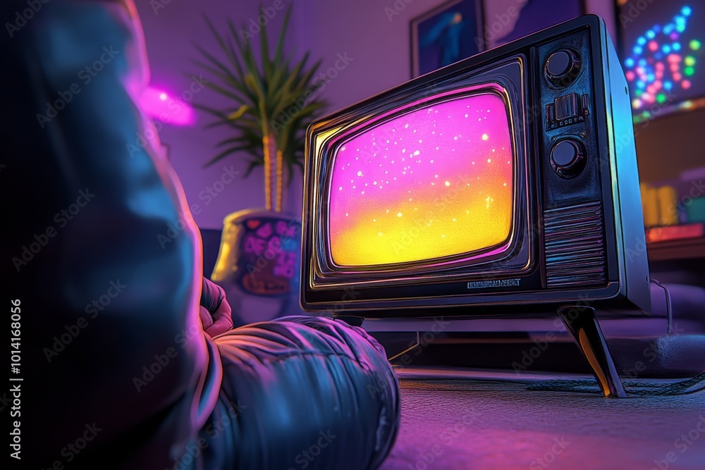 Watercolor scene of a person watching an old CRT television, with ...