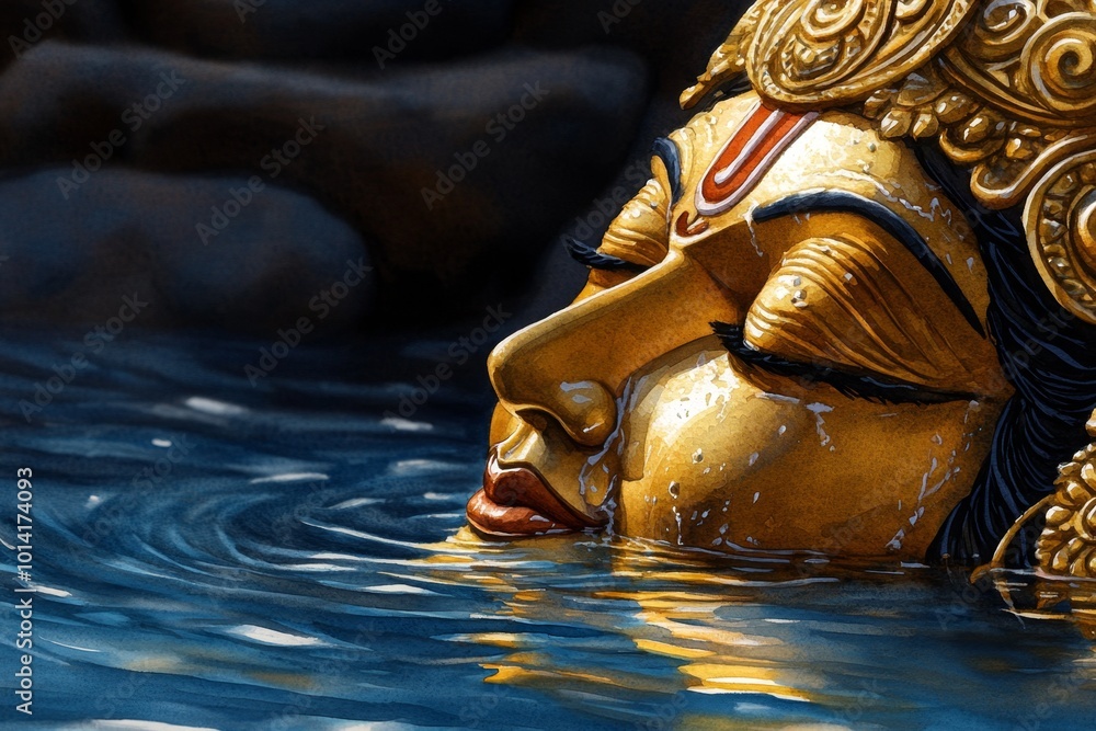 Watercolor depiction of a Durga idol being immersed in water, with ...