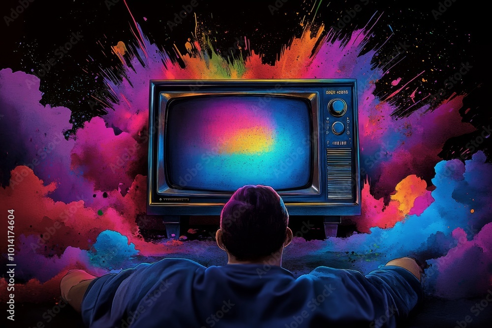 Watercolor scene of a person watching an old CRT television, with ...