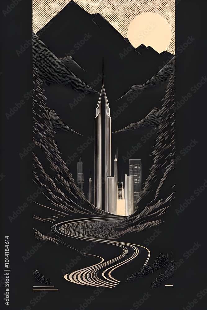 scratch board effect, abstract line art illustration, flat, black and ...