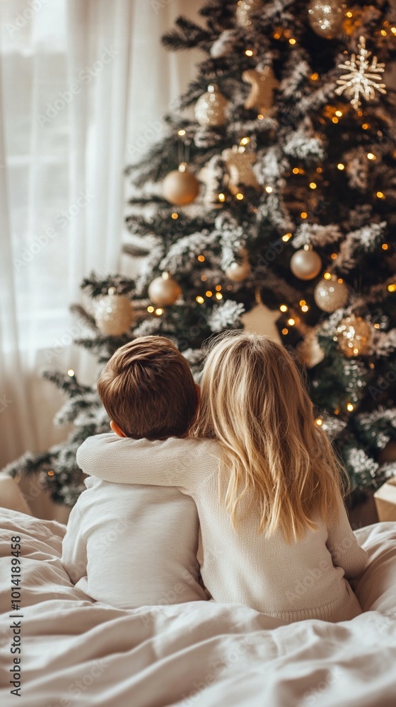 Foto de Stock Cozy Christmas morning scene: two children in white ...