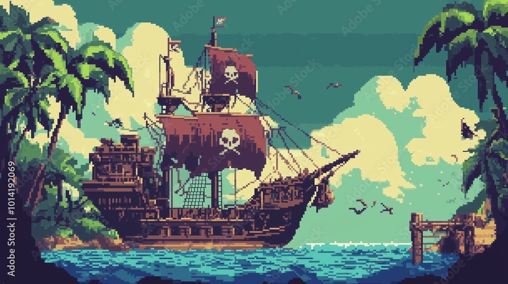 Pirate ship pixel art next to a deserted island with sea gulls flying ...