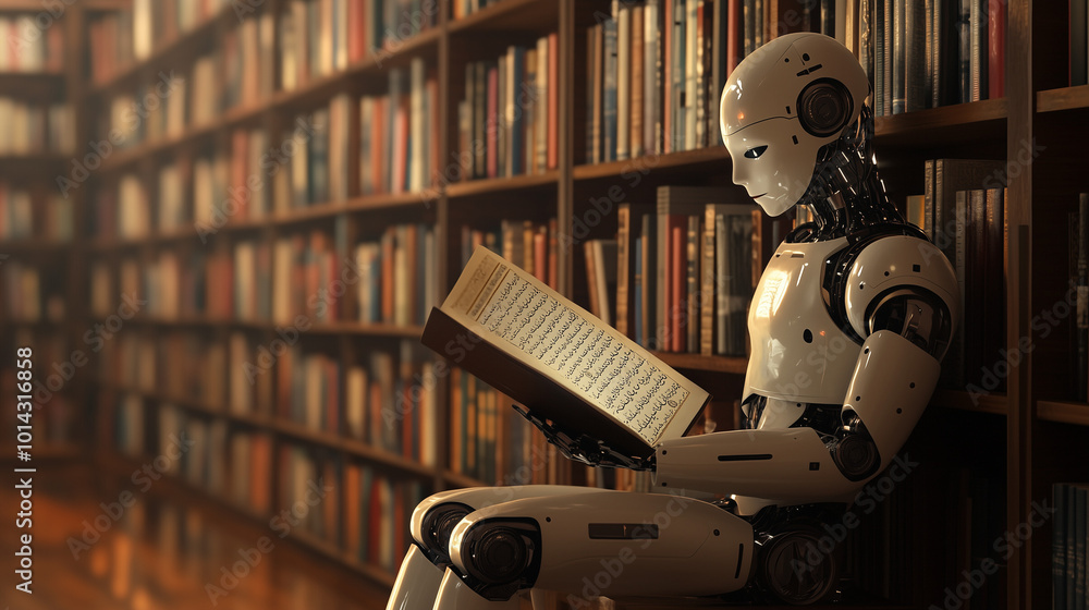 AI Humanoid Robot Reading Al-Quran in Library Stock Photo | Adobe Stock