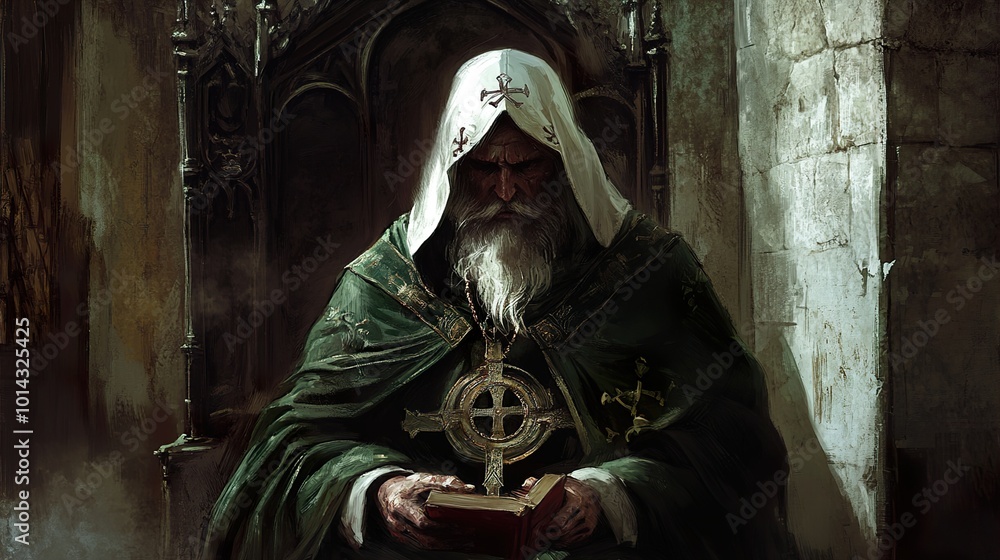 ภาพประกอบ Stock Medieval Priest in Prayer: A Painting of Faith and ...