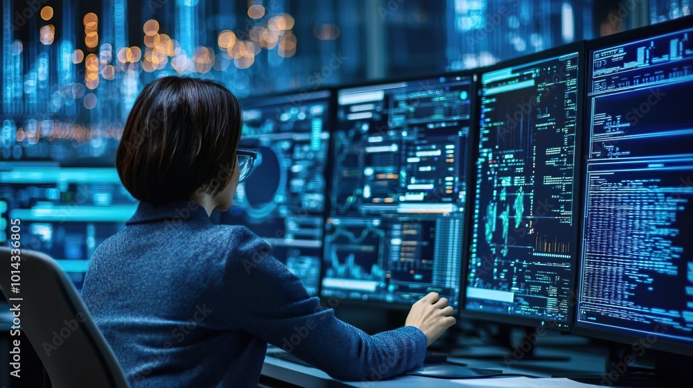 Technical operator monitoring AI activities on multiple displays in a system control room ...