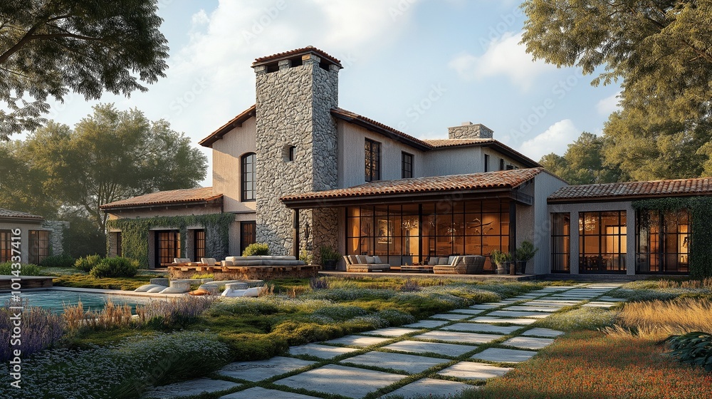 Sprawling vineyard estate, with rustic barns and rolling hills ...