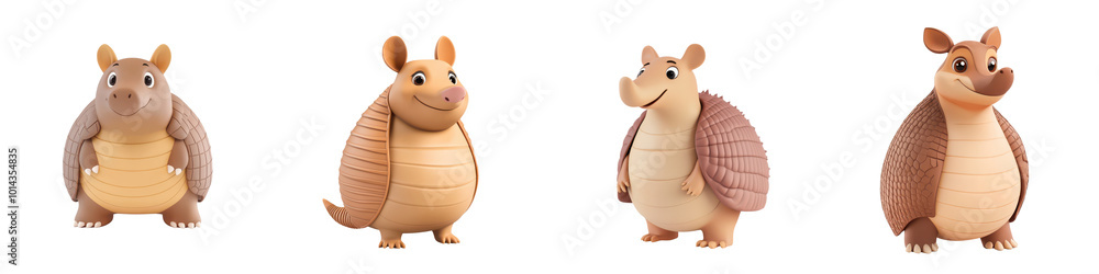 Four cute, cartoonish armadillo characters displayed in a row, each ...