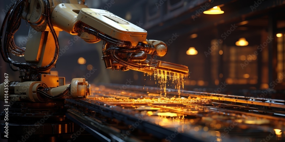 Industrial robotic arm pouring liquid metal into a mold on a conveyor ...