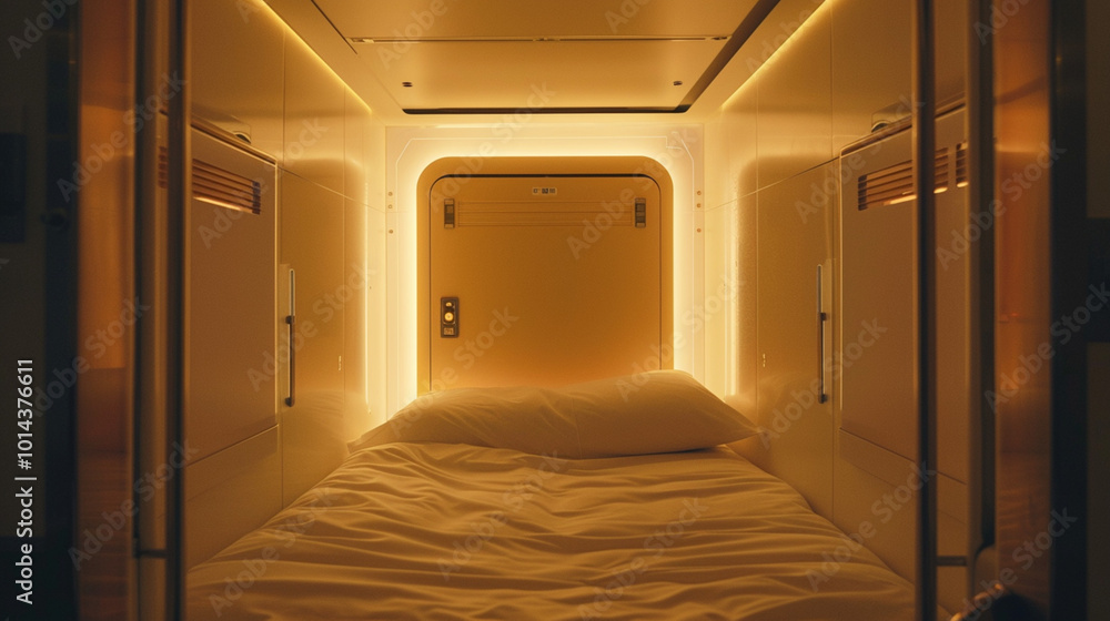 Efficient capsule hotel room setup with a sliding door and ambient ...