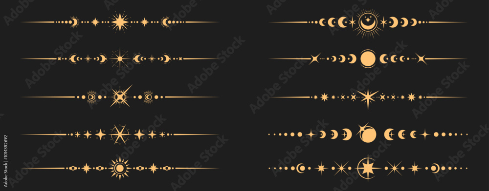 Mystic celestial divider borders with magic symbols of sun, moon and ...