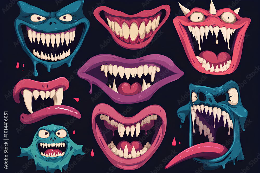 Halloween monster mouths, teeth and tongues cartoon vector set. Scary ...