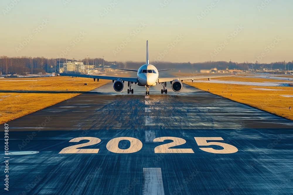 "2025" numbers on runway with take off airplane with generative ai ...