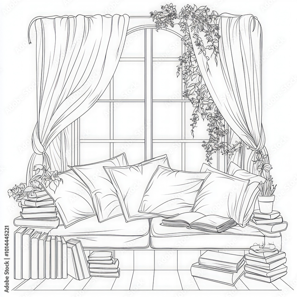 A cozy reading nook with books and pillows, coloring page for kids ...