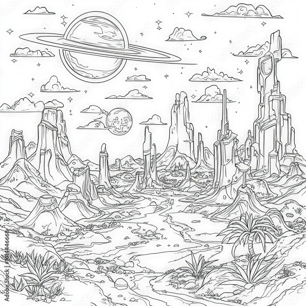 An alien planet with imaginative landscapes, coloring page for kids ...