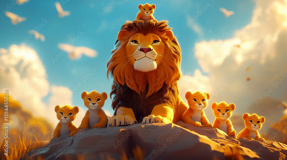 Majestic lion family forming a pyramid, the smallest cub at the top, 3D ...