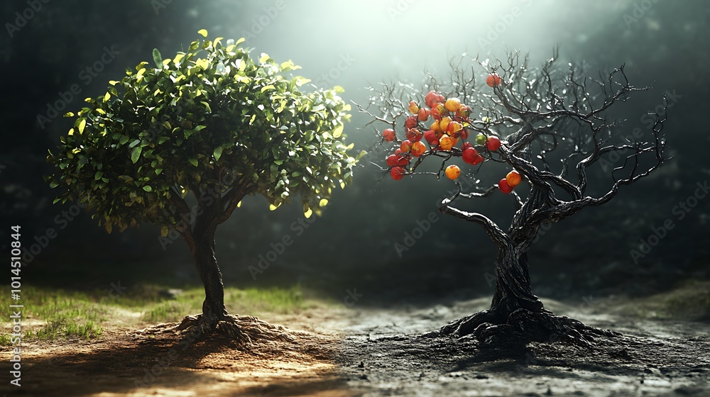 Two trees, one lush and green, the other withered and barren, stand ...
