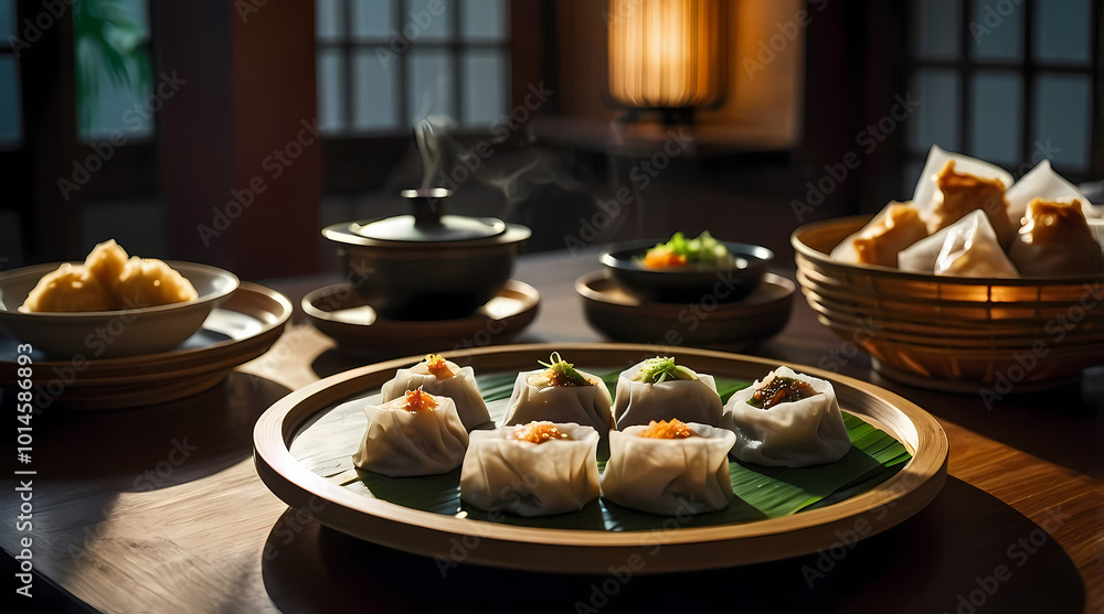 Steaming Hot Dim Sum Dumplings With Dipping Sauce And Chives In Bamboo ...