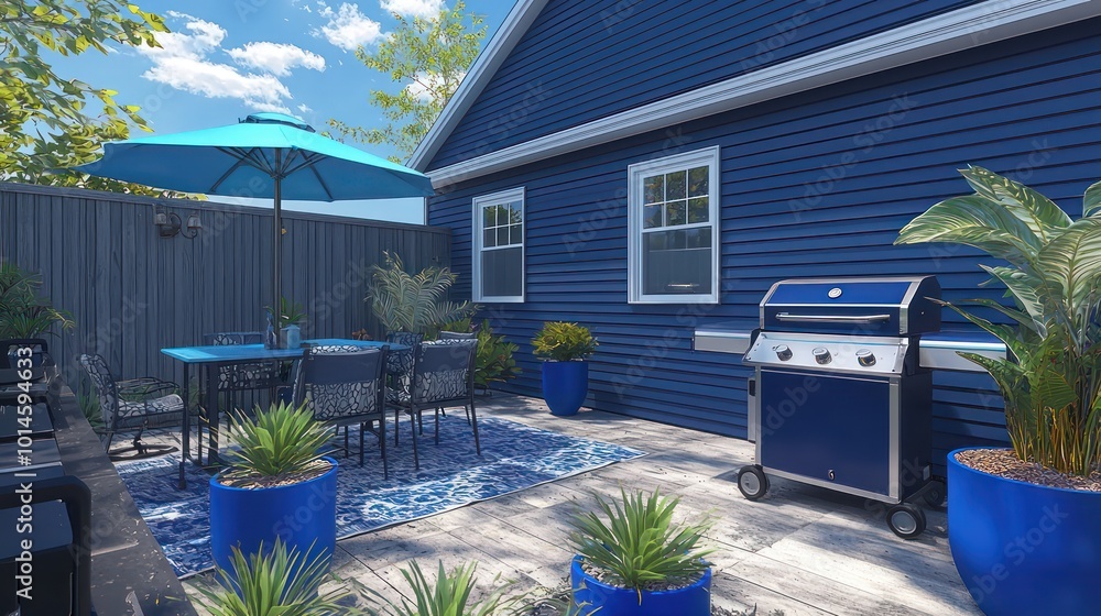 Azure house with sky blue vinyl siding, a refreshing patio with an ...