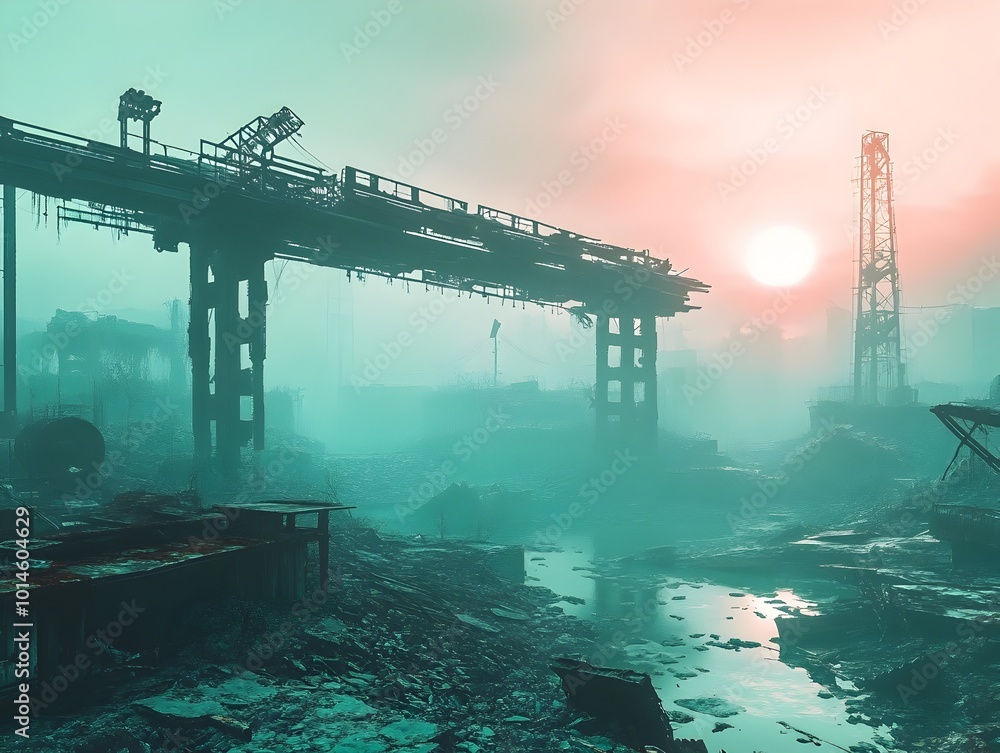 Haunting Dystopian Cityscape Shrouded in Eerie Atmospheric Mist and ...