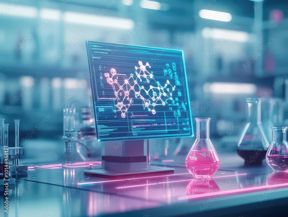 Futuristic chemistry lab, holographic molecular diagrams, neon lights, advanced research setting ...