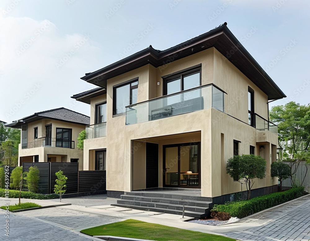 A two-story duplex with beige stucco walls and dark wood accents, set ...