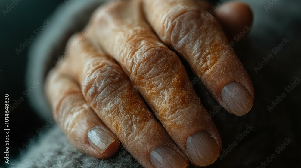 Ilustração Detailed close-up of a person's hand showing the discolored ...