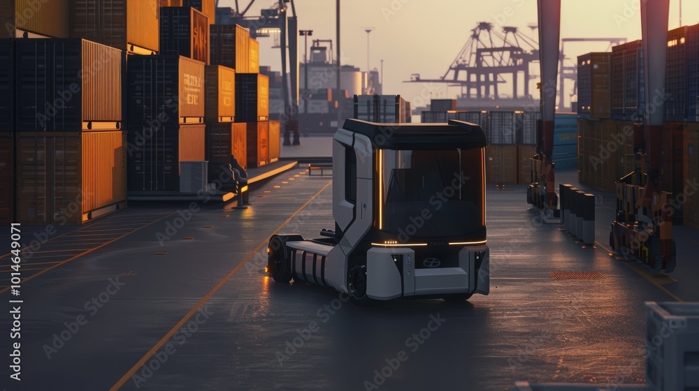 In a modern shipping yard, an autonomous vehicle navigates beside ...