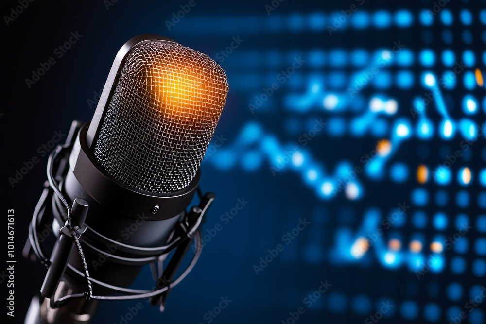 Digital audio and AI represented by a classic microphone alongside binary code visualization ...