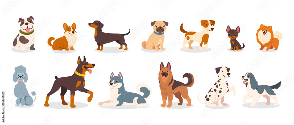 Cute dog breeds. Cartoon puppies and doggy pet. Funny friendly animals ...