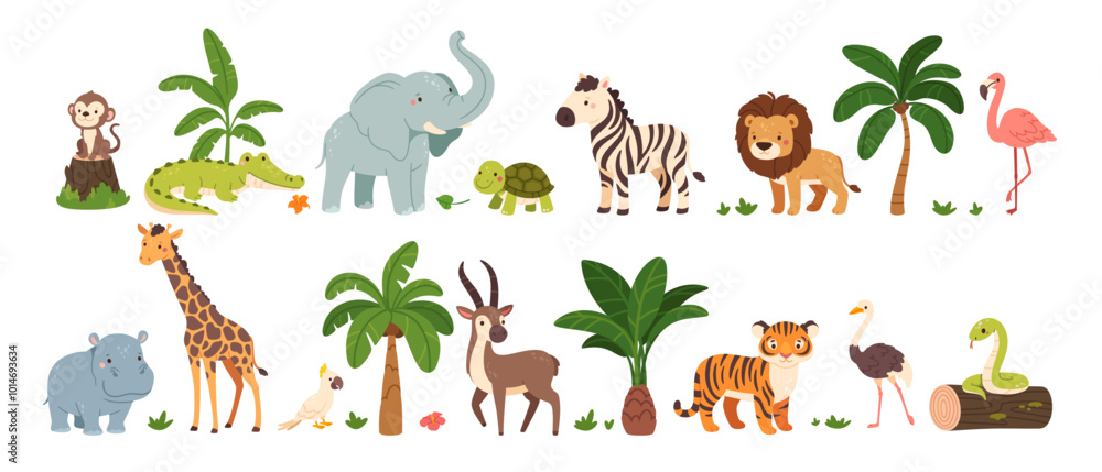 Jungle animals. Cute safari wild mammals. Funny exotic mammal, bird and ...