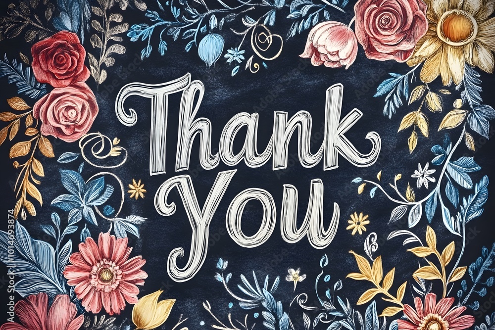 Chalkboard Art with Handdrawn Thank You and Flourishes in Clean Bright ...