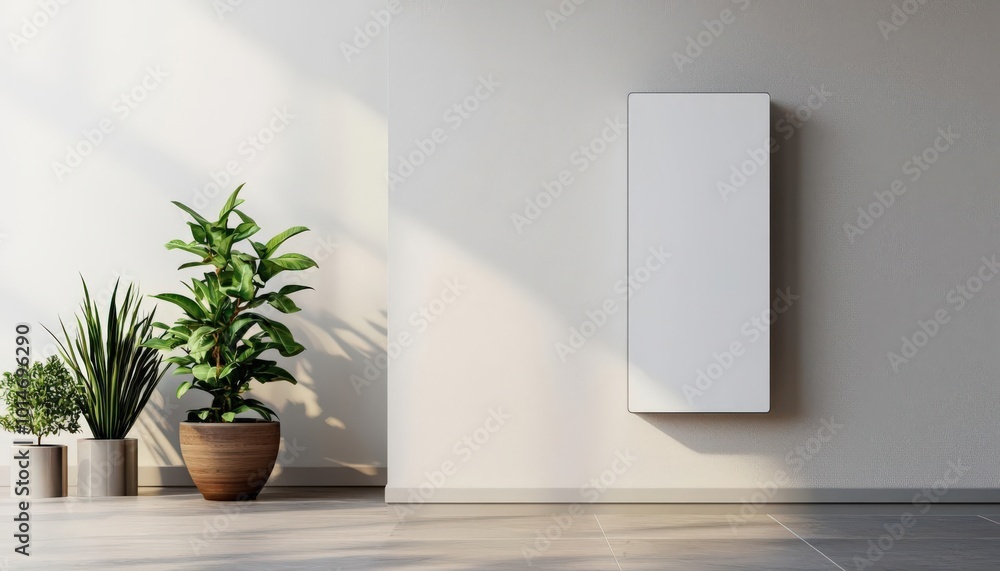 Solar inverter mounted on a minimalist wall, illuminated by soft ...