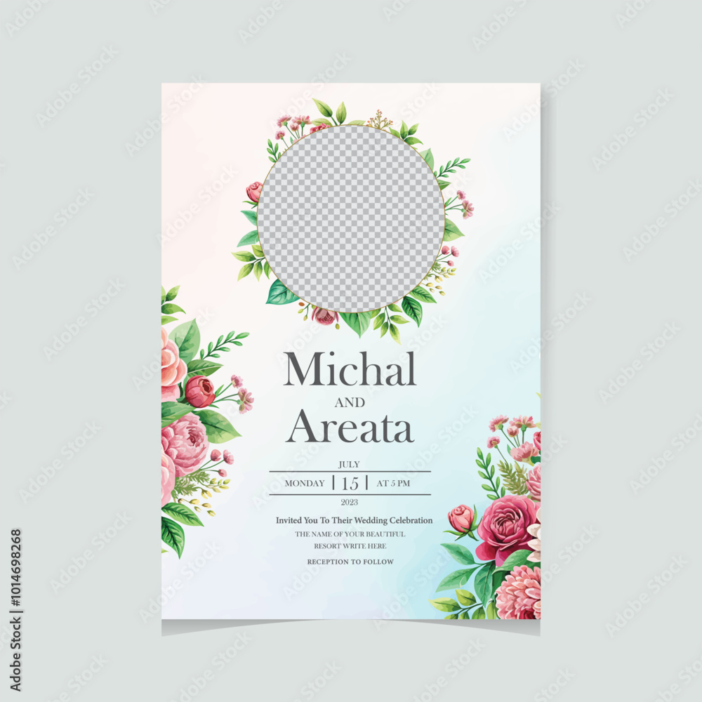 Floral engagement invitation card template with photo frame, watercolor ...