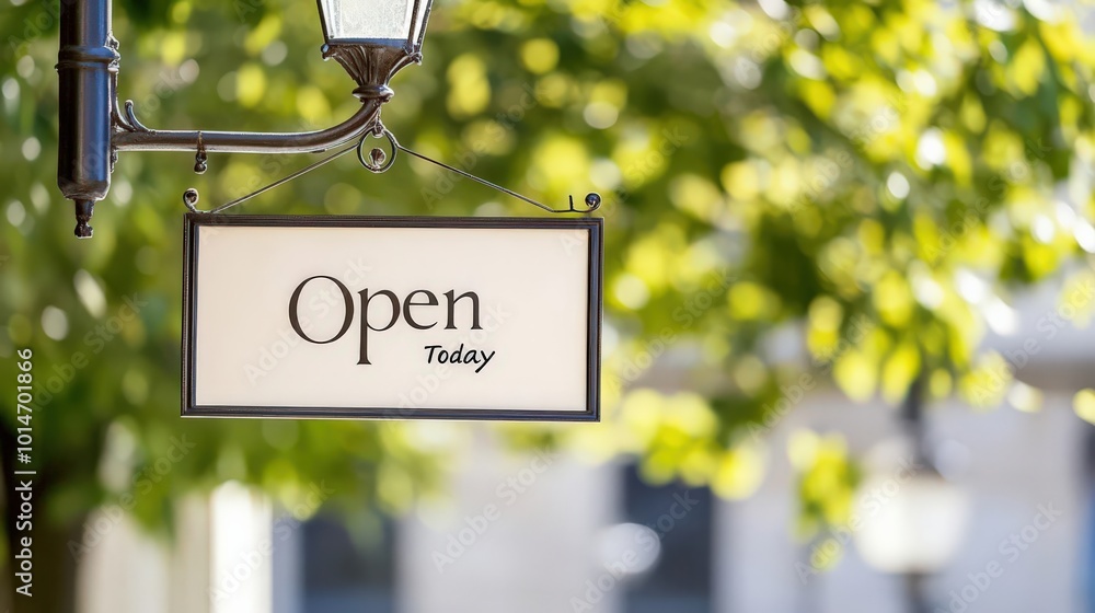 Old-fashioned "Open Today" sign hanging from a wrought iron bracket on ...