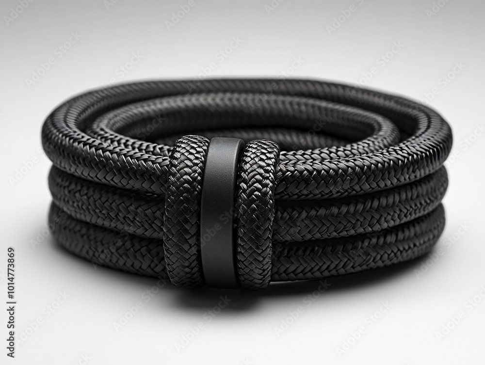 Coiled black paracord neatly arranged on a clean white surface its ...
